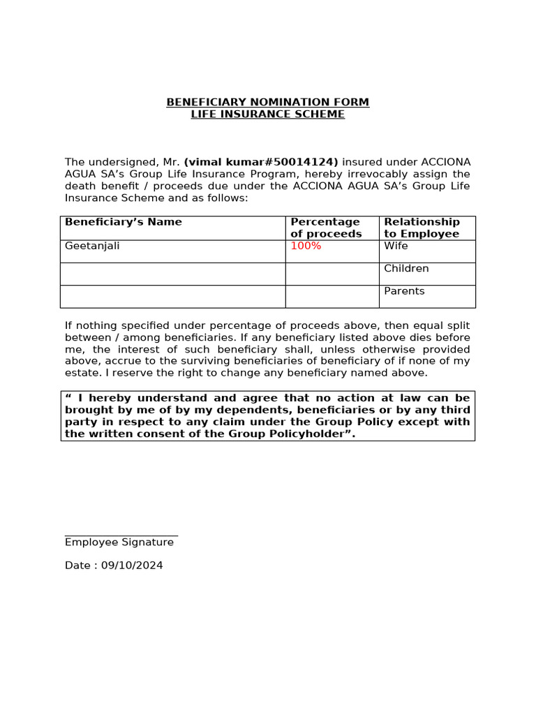 Beneficiary Nomination Form | PDF | Life Insurance | Insurance