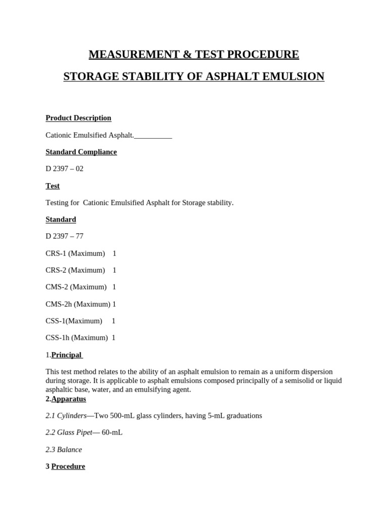 Storage Stability of Asphalt Emulsion | PDF