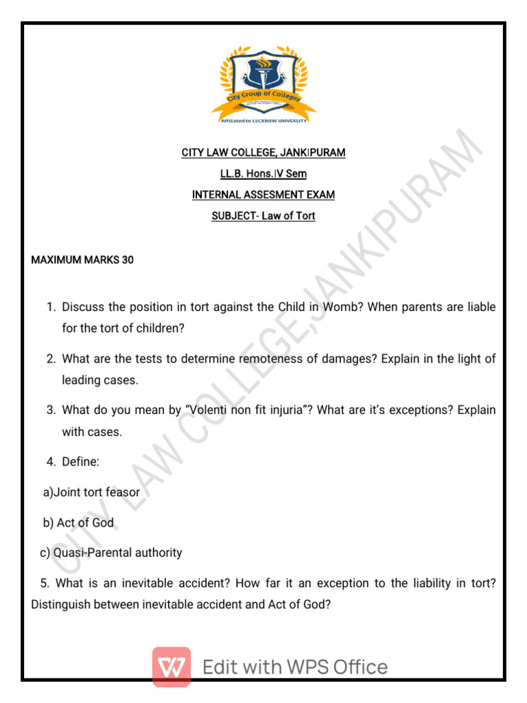 Law of Tort Hons. IV Unit 2 Test Paper | PDF