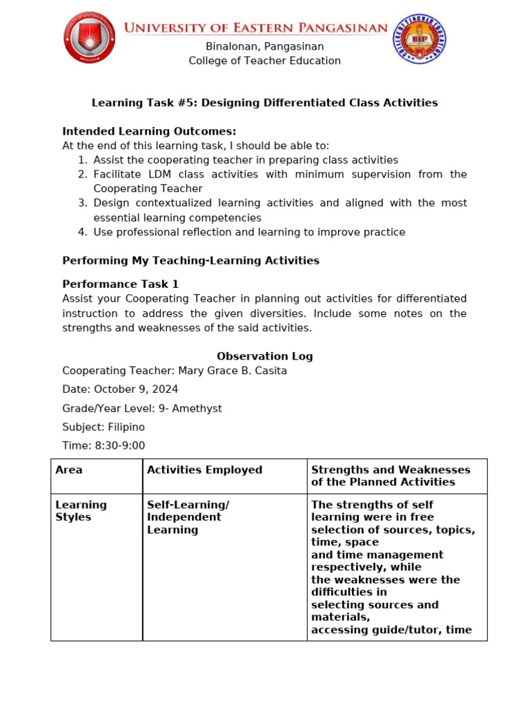 AUTOR PHILLIP A. - Learning Task #5 Designing Differentiated Class Activities | PDF | Learning ...