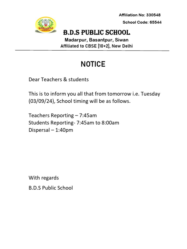 New School Timings Notice | PDF | Career & Growth | Business