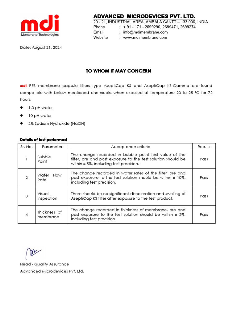 Declaration For Compatiblity of AseptiCap KS (Gamma and Non Gamma) With 1.0 PH Water, 10 PH ...