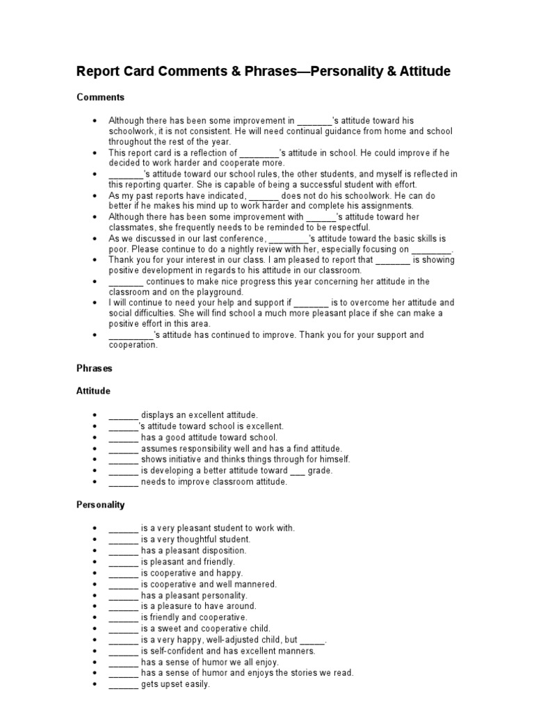 Report Card Comments | PDF | Vocabulary | Word