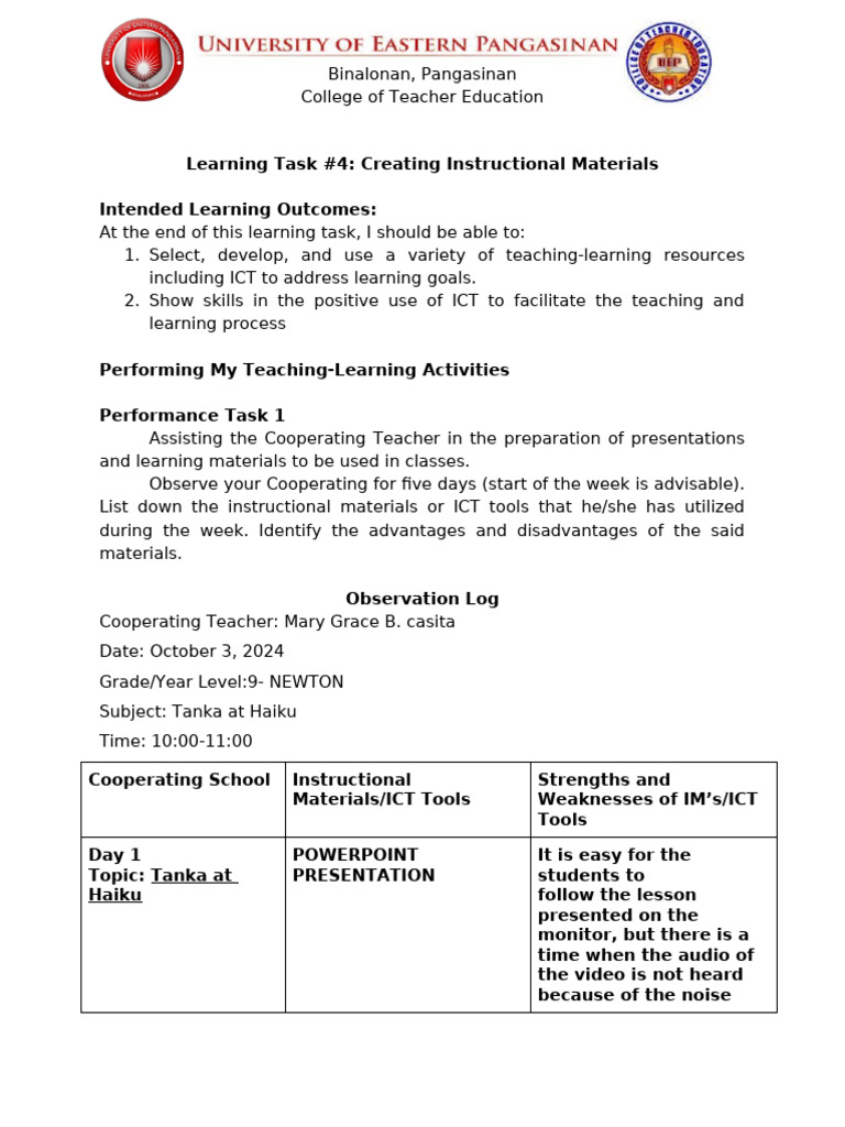 AUTOR PHILLIP A. - Learning Task #4 - Creating Instructional Materials | PDF | Educational ...