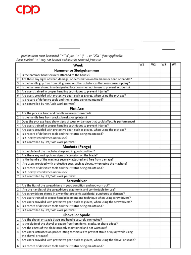 Hand Tools Inspection Checklist-Cpp | PDF | Hammer | Personal ...