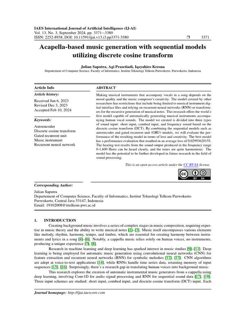 Acapella-Based Music Generation With Sequential Models Utilizing Discrete Cosine Transform | PDF ...