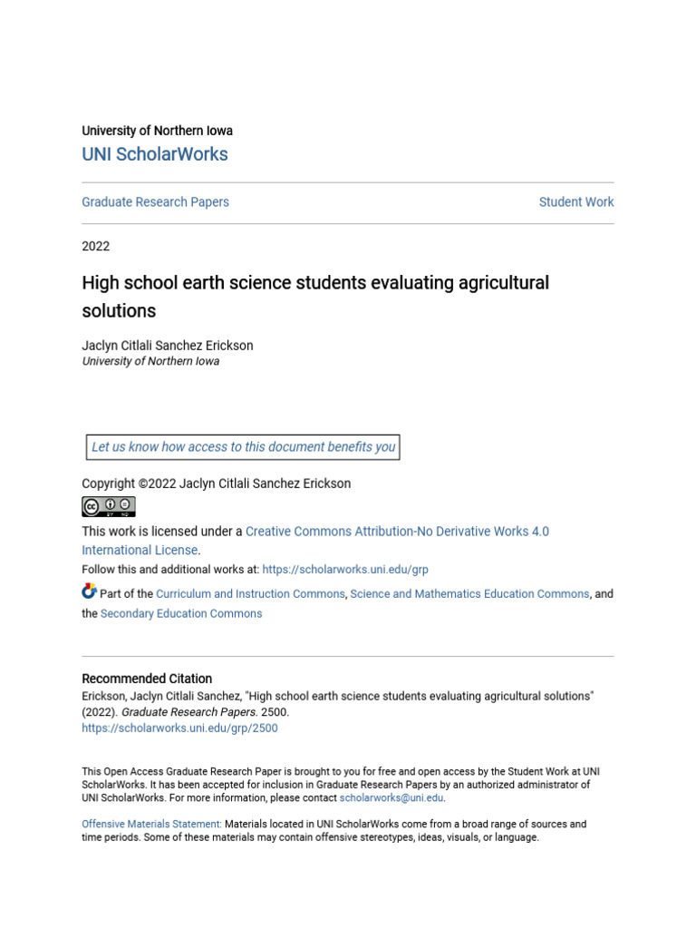 High School Earth Science Students Evaluating Agricultural Soluti | PDF ...
