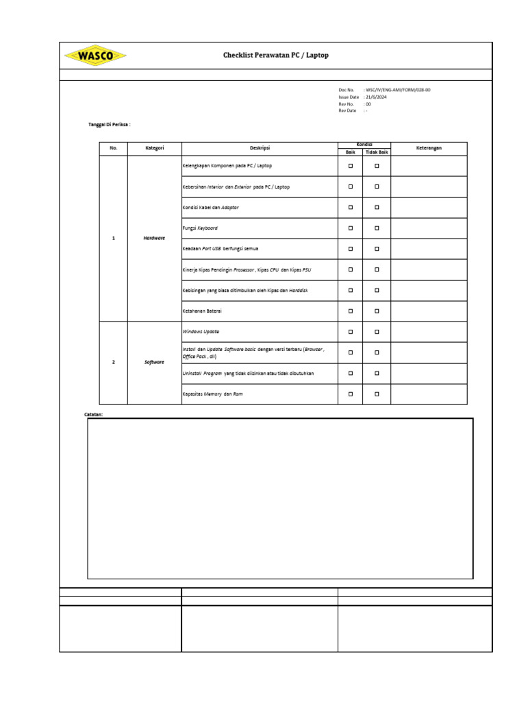 WSC-IV-ENG-AMI-FORM-028-00 Checklist Perawatan PC - Laptop | PDF