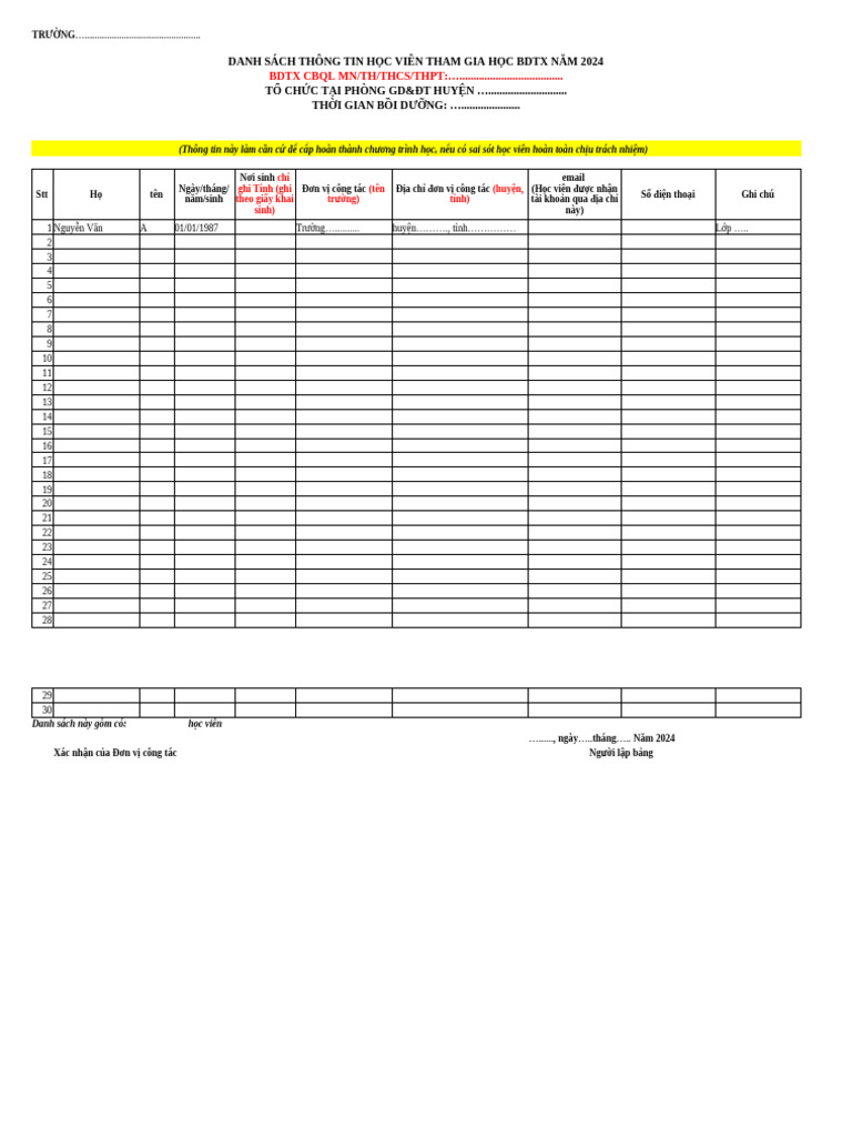 BDTX Mau thong tin dang ky hoc (truong làm) | PDF BDTX Mau thong tin dang ky hoc (truong làm) | PDF