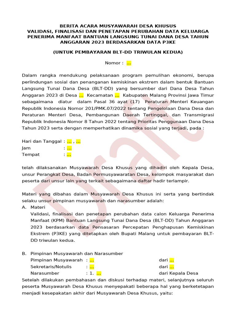 BA Musdesus Perubahan KPM P3KE (BA, Daftar Hadir Dan Lampiran) | PDF