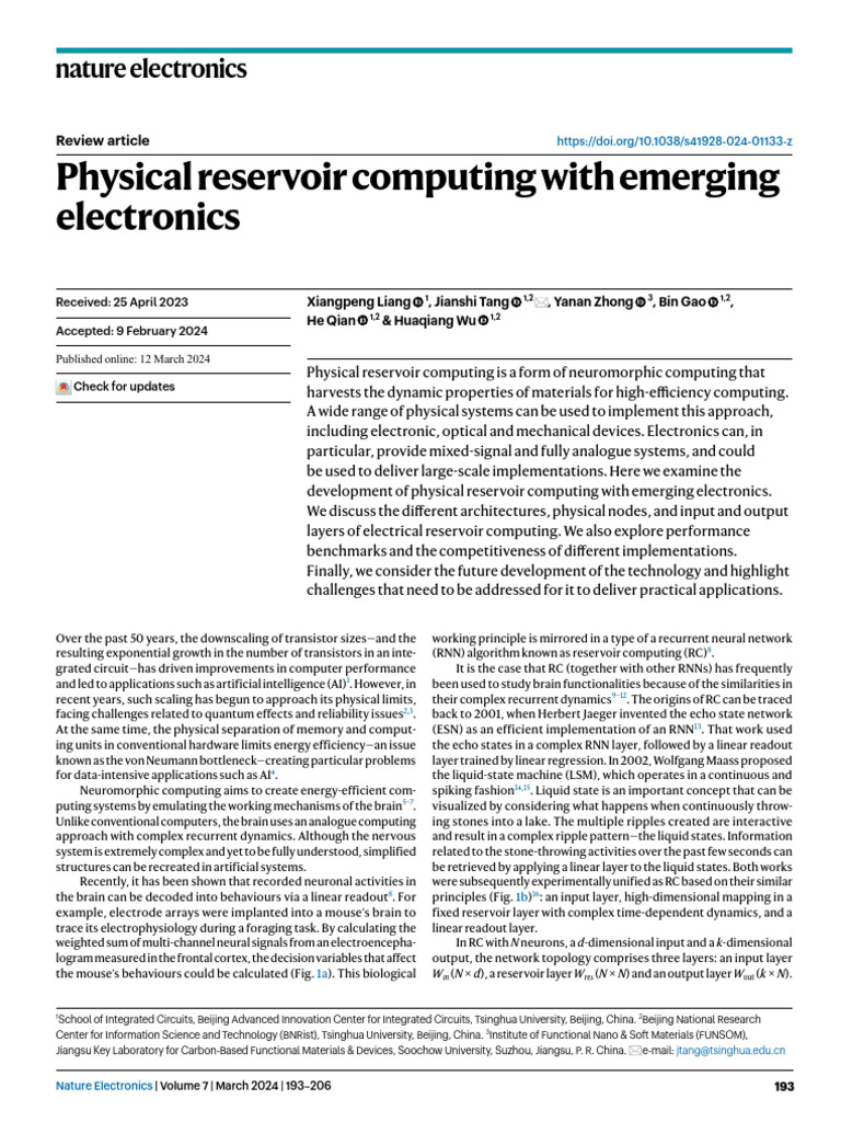 Physical Reservoir Computing With Emerging Electronics Pdf Electronic Circuits Computer