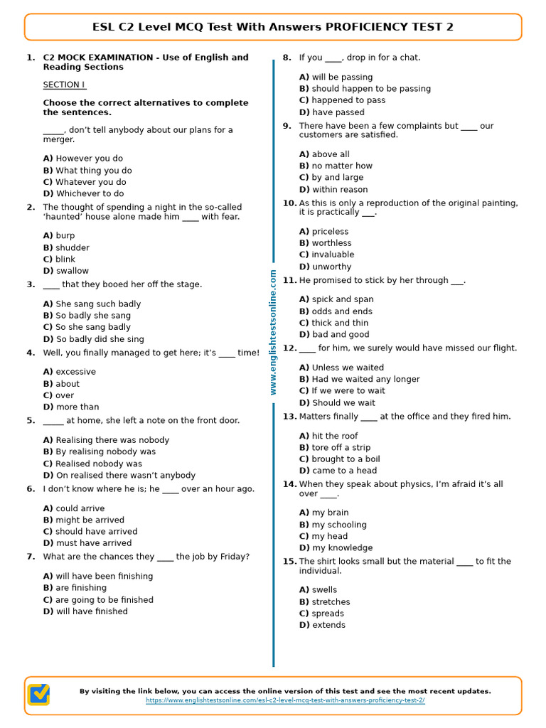 C2 ESL Proficiency Mock Exam Questions | PDF | Etiquette
