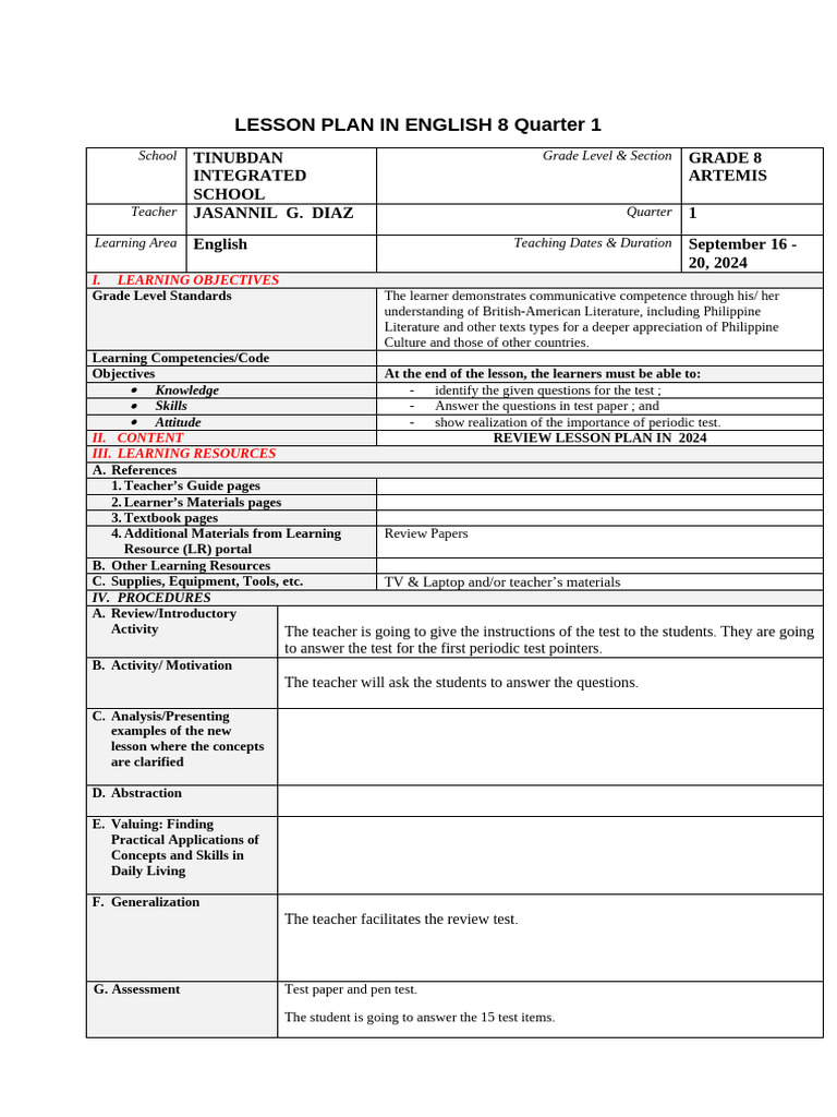 G8-Q1-Review Lesson Plan GRADE 8 | PDF | Learning | Lesson Plan