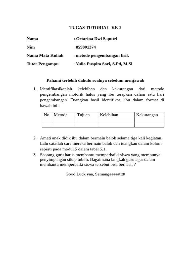 Tugas KE-2 Octarina Dwi Saputri Nim 859801374 Metode Pengembangan Fisik | PDF