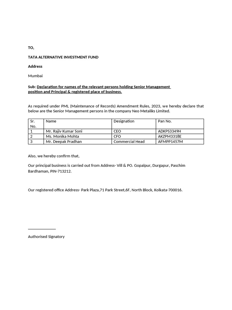 Senior Management Declaration | PDF