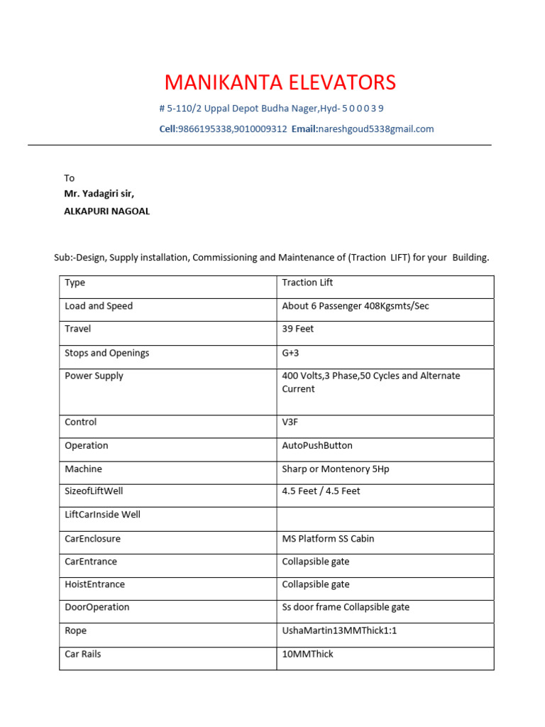 Traction Lift Proposal for Alkapuri | PDF