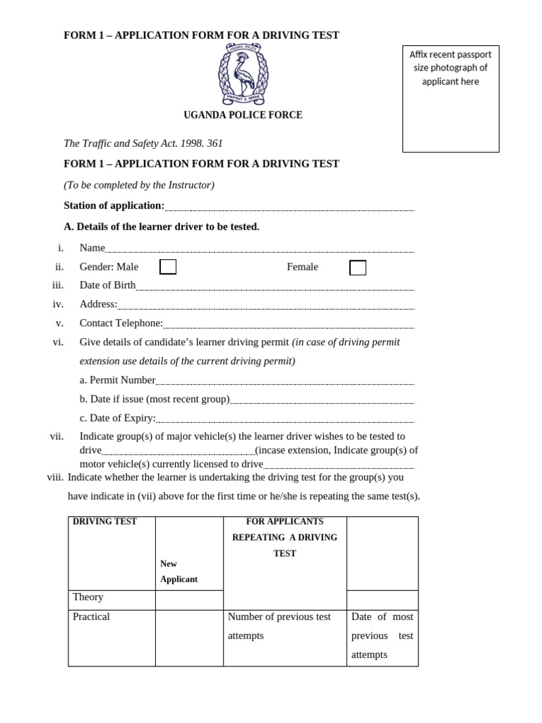 Driving Test Application Form | PDF | Driving | Transport