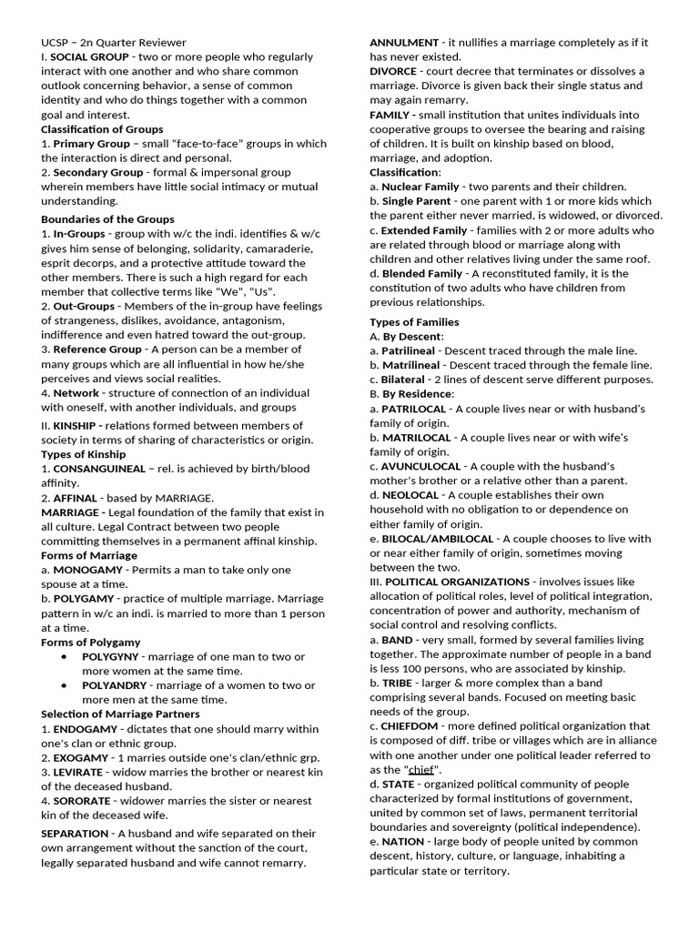 UCSP 2nd Quarter Review Guide | PDF | Marriage | Family