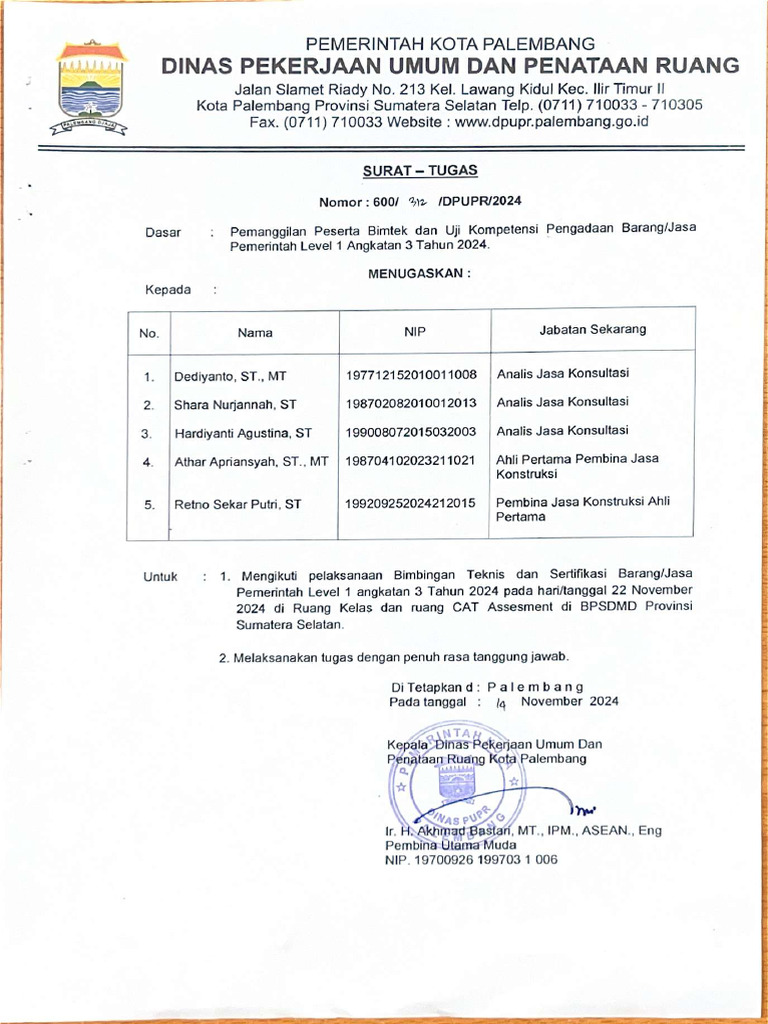 Surat Tugas PJB Level 1 Dpupr | PDF
