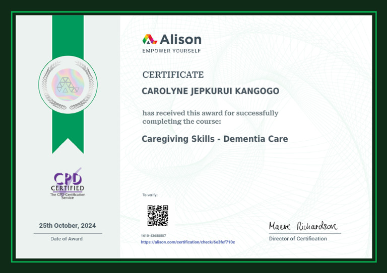 Alison Certificate Caregiving Skills Dementia Care | PDF