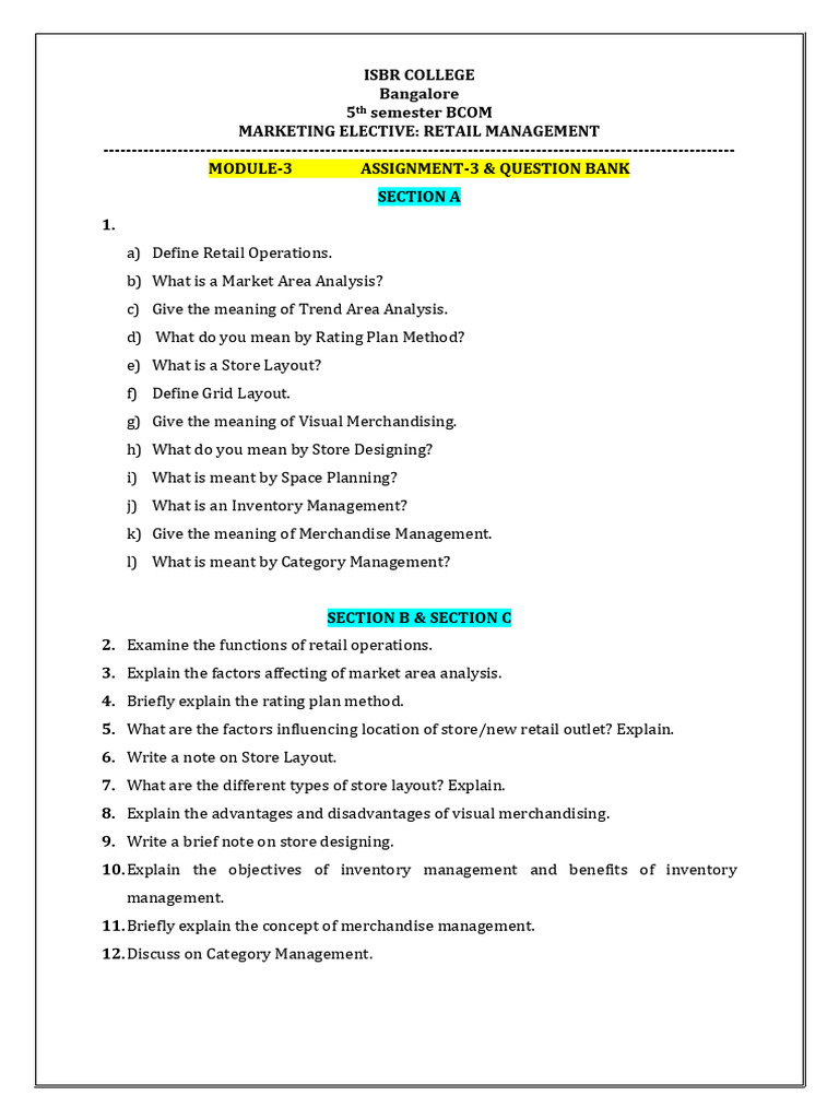Retail Management Assignment & Question Bank | PDF