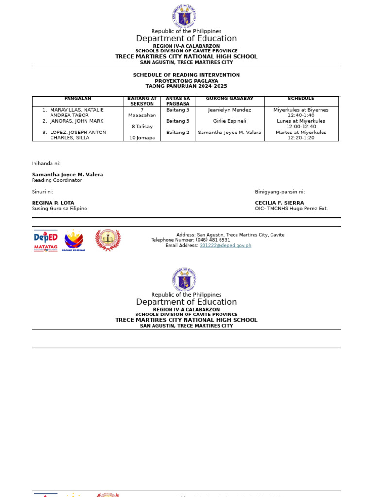 Reading Intervention Schedule 2024-2025 | PDF