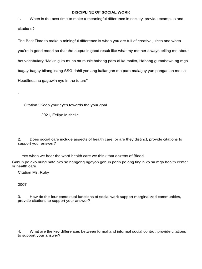 Discipline of Social Work Quiz 123 | PDF | Argument | Grammar