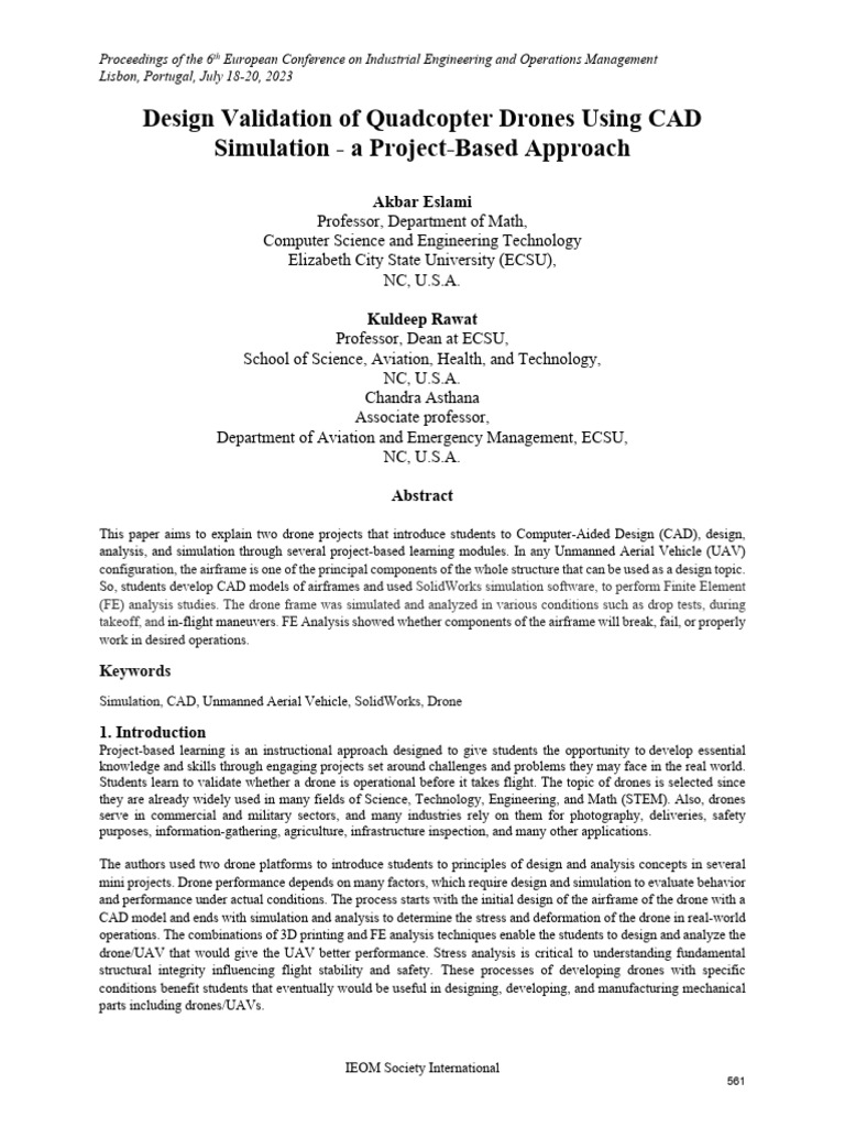 Design Validation Of Quadcopter Drones Using Cad Simulation A Project Based Approach Pdf