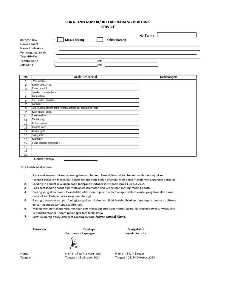 Surat Izin Loading Barang Event | PDF