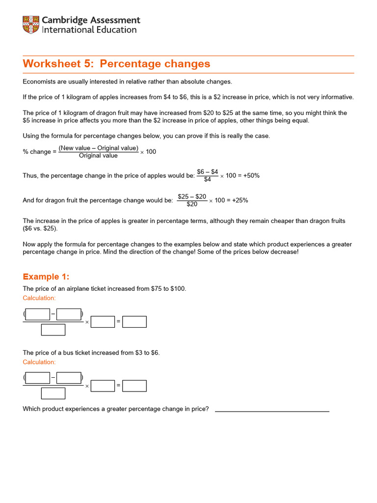 Percentage Change Calculations Worksheet | PDF | Percentage | Prices