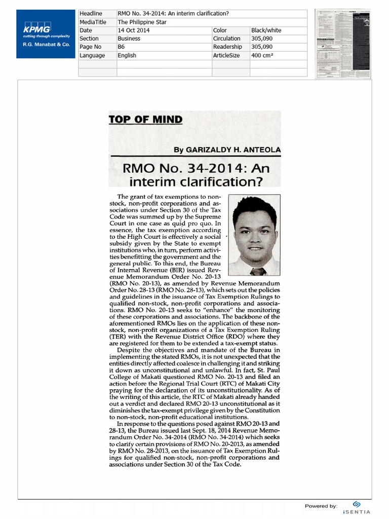RMO No. 34-2014-An Interim Clarification | PDF | Taxes | Tax Exemption