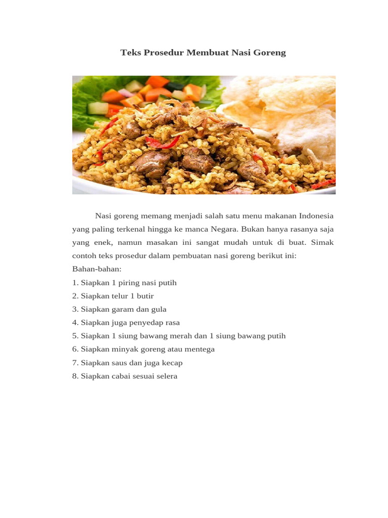 Teks Prosedur Nasi Goreng | PDF | Memasak, Makanan, & Anggur