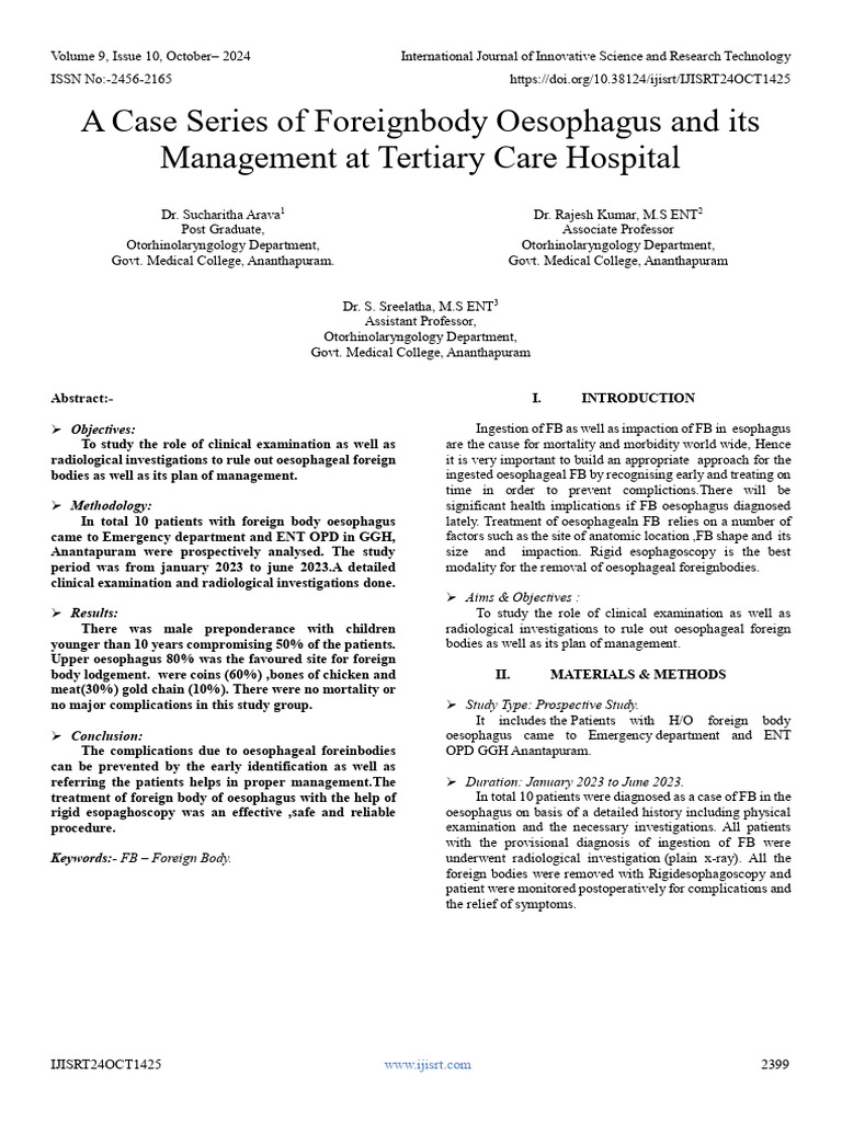 A Case Series of Foreignbody Oesophagus and Its Management at Tertiary ...