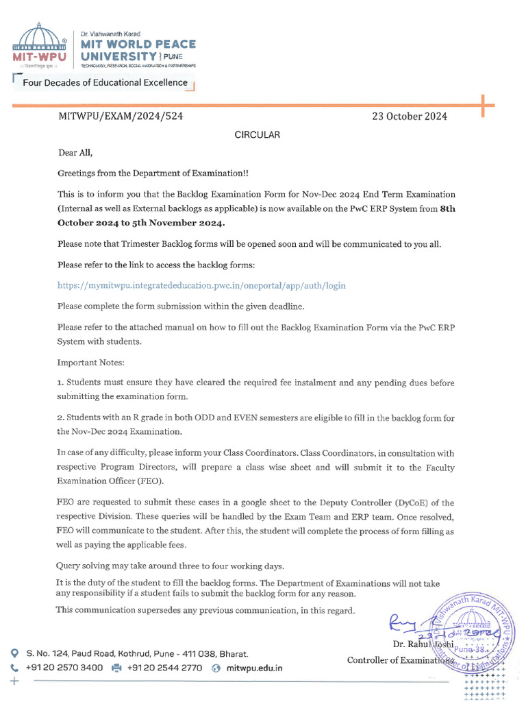 Circular - Filling Backlog Examination Form (Revised) | PDF