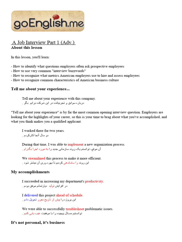 GoEnglish A Job Interview Part 1 Adv | PDF | Job Interview | Workplace