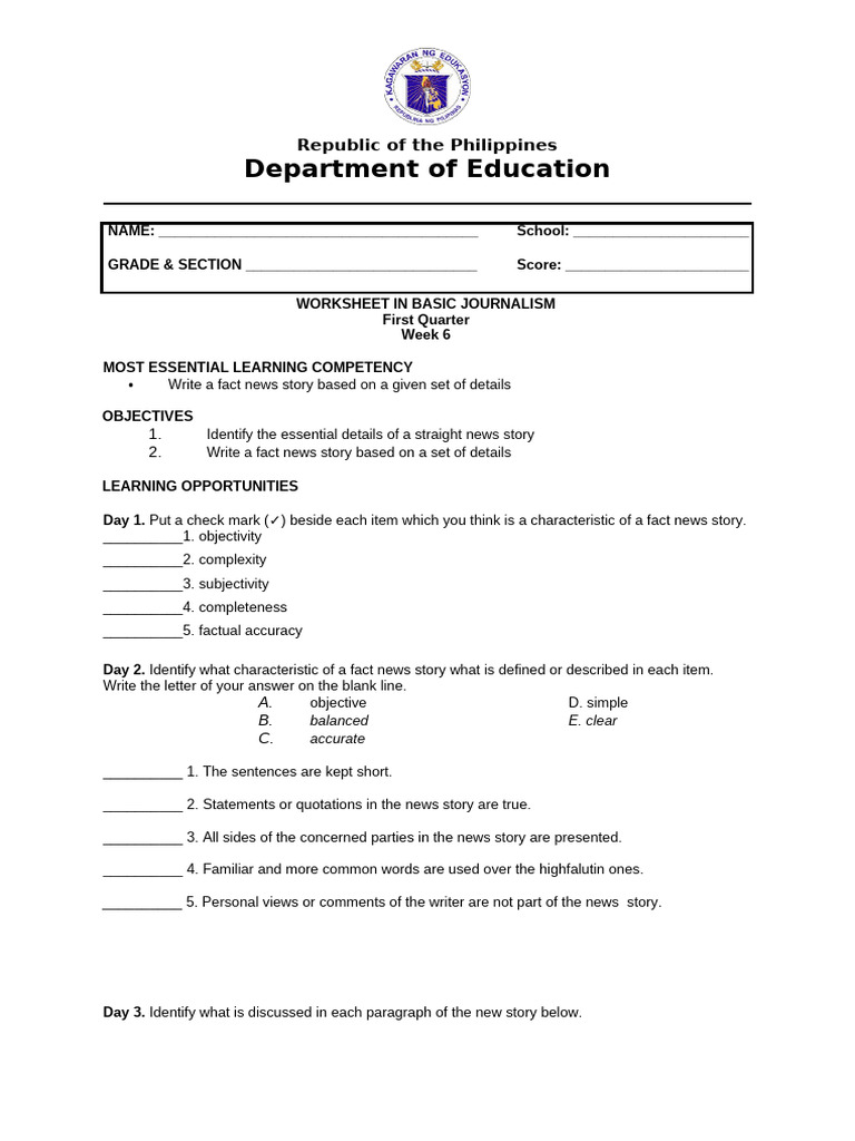 Q1 - Worksheet-SPJ7-WEEK6 | PDF | News