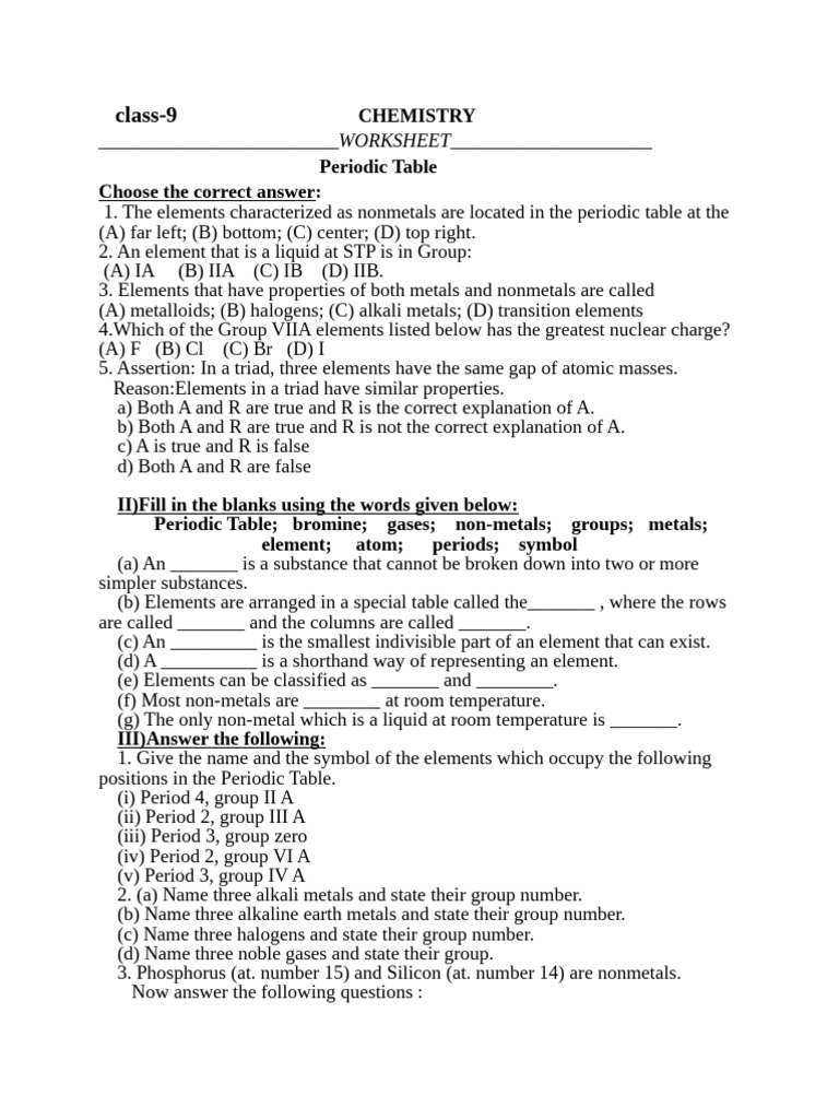 Class 9 Chemistry Periodic Table Worksheet | PDF | Chemical Elements ...