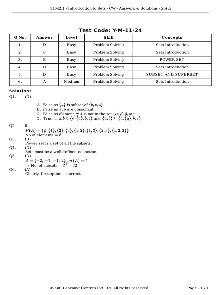 CW 11M2.1 Introduction To Sets Jee Ans | PDF | Teaching Methods & Materials