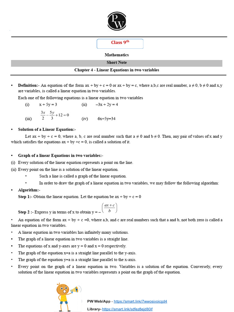 Linear Equations in Two Variables - Short Notes (Mathematics) | PDF ...