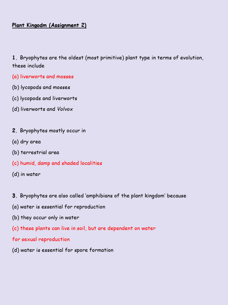 Plant (Assignment 2) Answer Key (R) | PDF | Moss | Plants