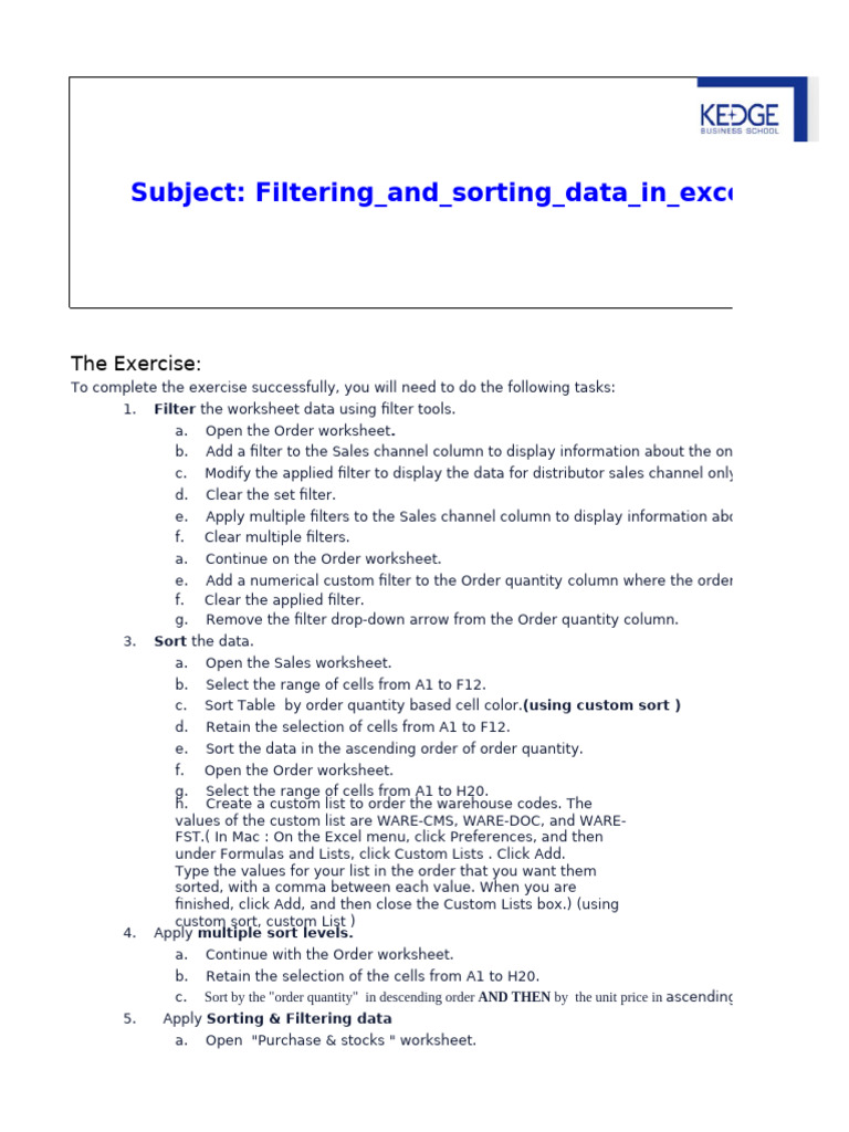 S3 2 Filtering And Sorting Data In Excel 365 Starting Spreadsheet Pdf Microsoft Excel