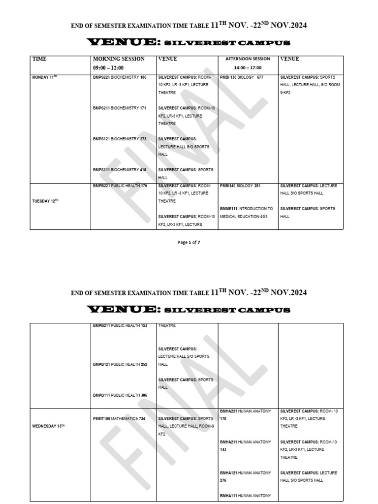 Semester Exam Timetable Nov 2024 | PDF | Health Care | Medicine