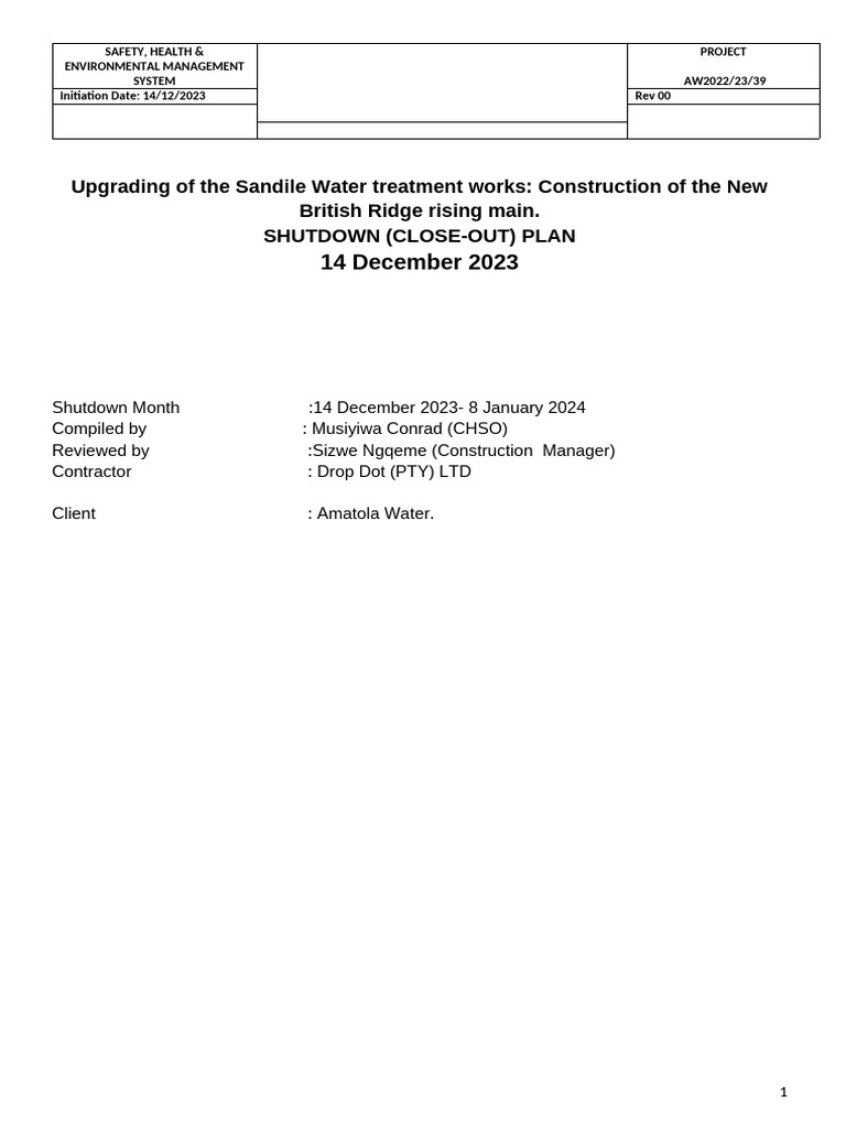 Shutdown Plan Sandile WTW | PDF | Housekeeping | Safety