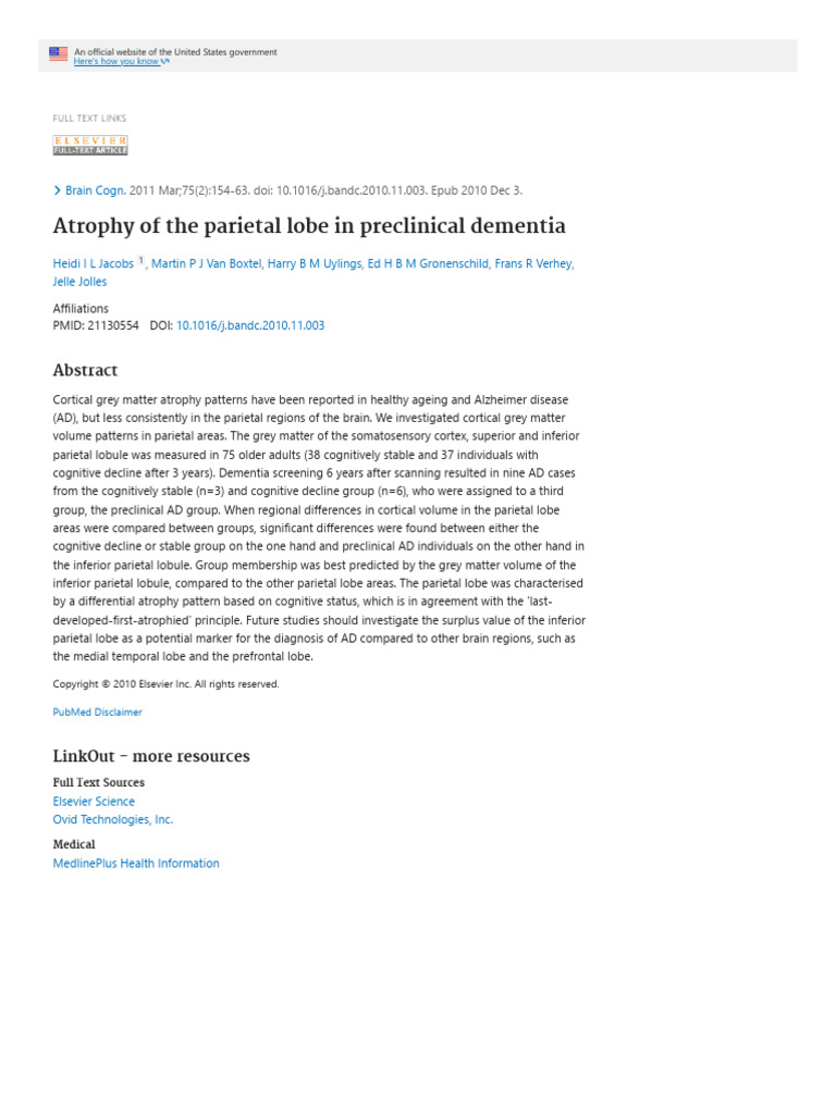 Atrophy of The Parietal Lobe in Preclinical Dementia - PubMed | PDF ...