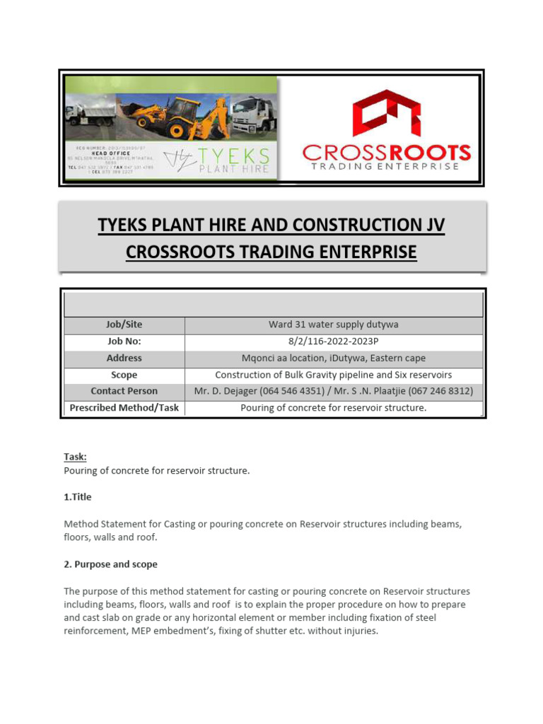 Method Statement For Pouring of Concrete | PDF | Concrete | Scaffolding