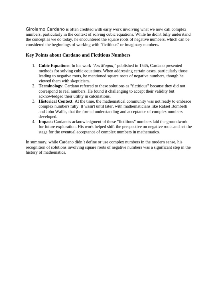 Girolamo Cardano Fictitious Numbers | PDF