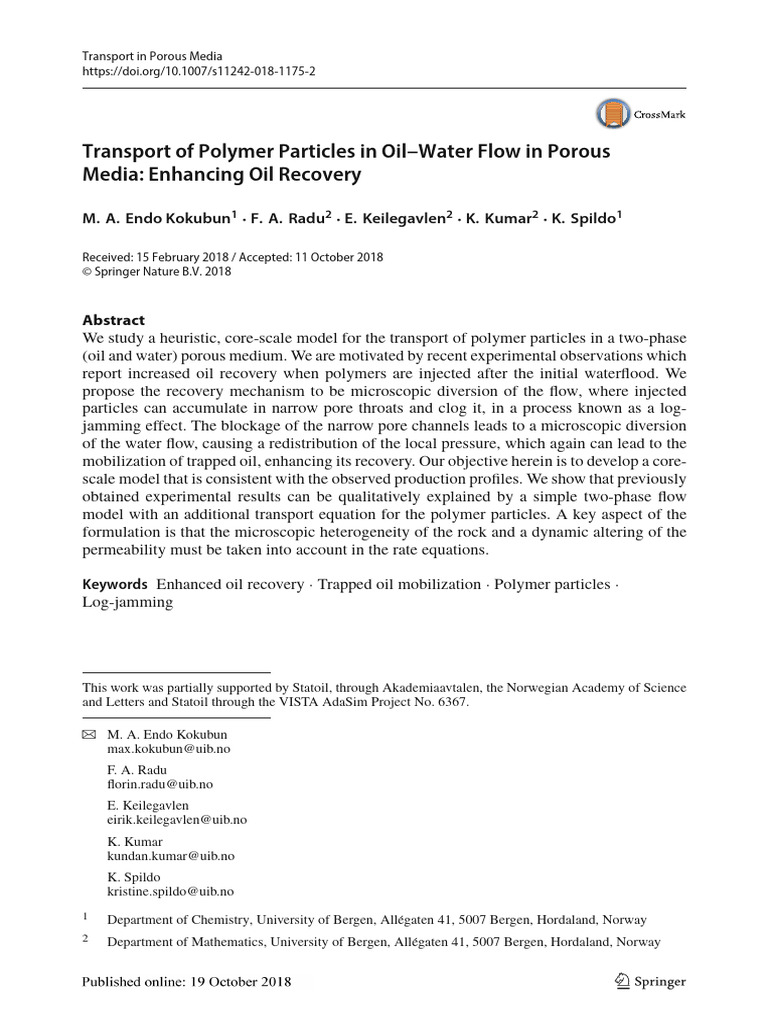 Transport of Polymer Particles in Oil–Water Flow in Porous | PDF ...
