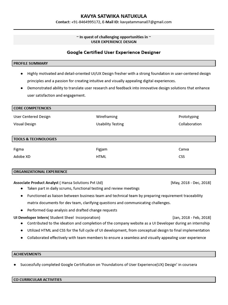 Kavya Satwika UX Designer Resume | PDF | Design | Computing