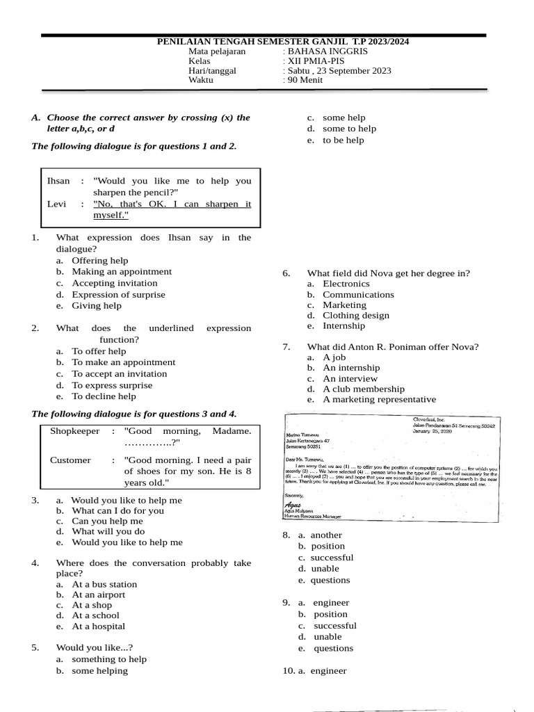 MID SEMESTER Kelas Xii Semester Ganjil 2023-2024 C | PDF