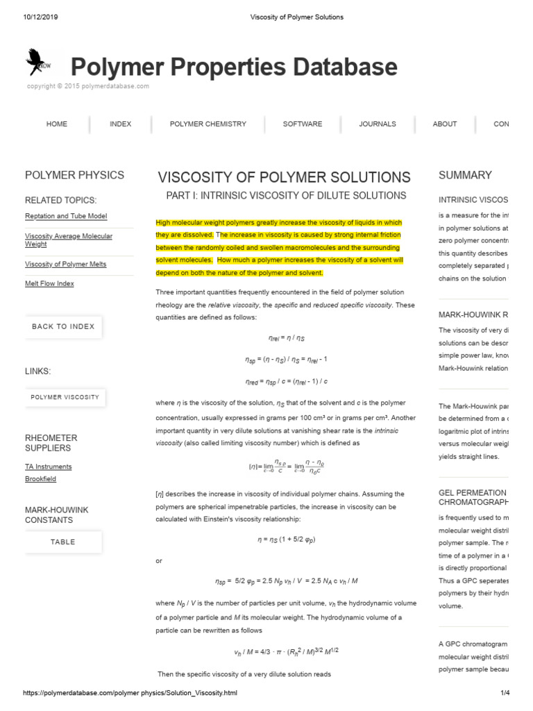 Viscosity of Polymer Solutions | PDF | Viscosity | Polymers